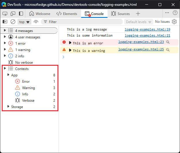 DevTools contextual logging with console.context() | MSEdgeExplainers